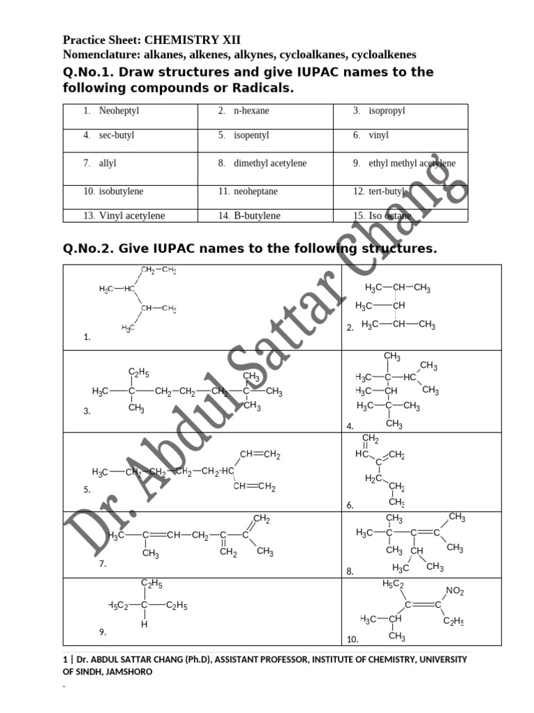 IUPAC Nomenclature Practice Sheet | PDF | Alkene | Alkane