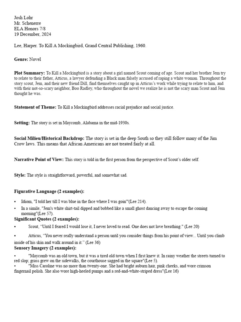 Josh Lohr - TKAM 1-Page Summary | PDF