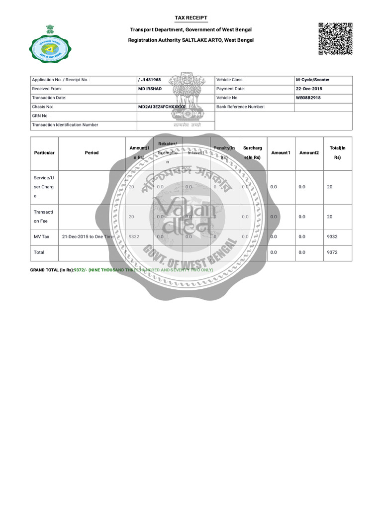 Motor Tax Receipt Summary | PDF