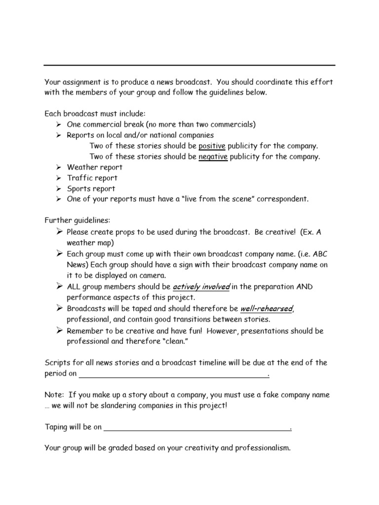 News Broadcast Project Rubric 1qv7y78 | PDF