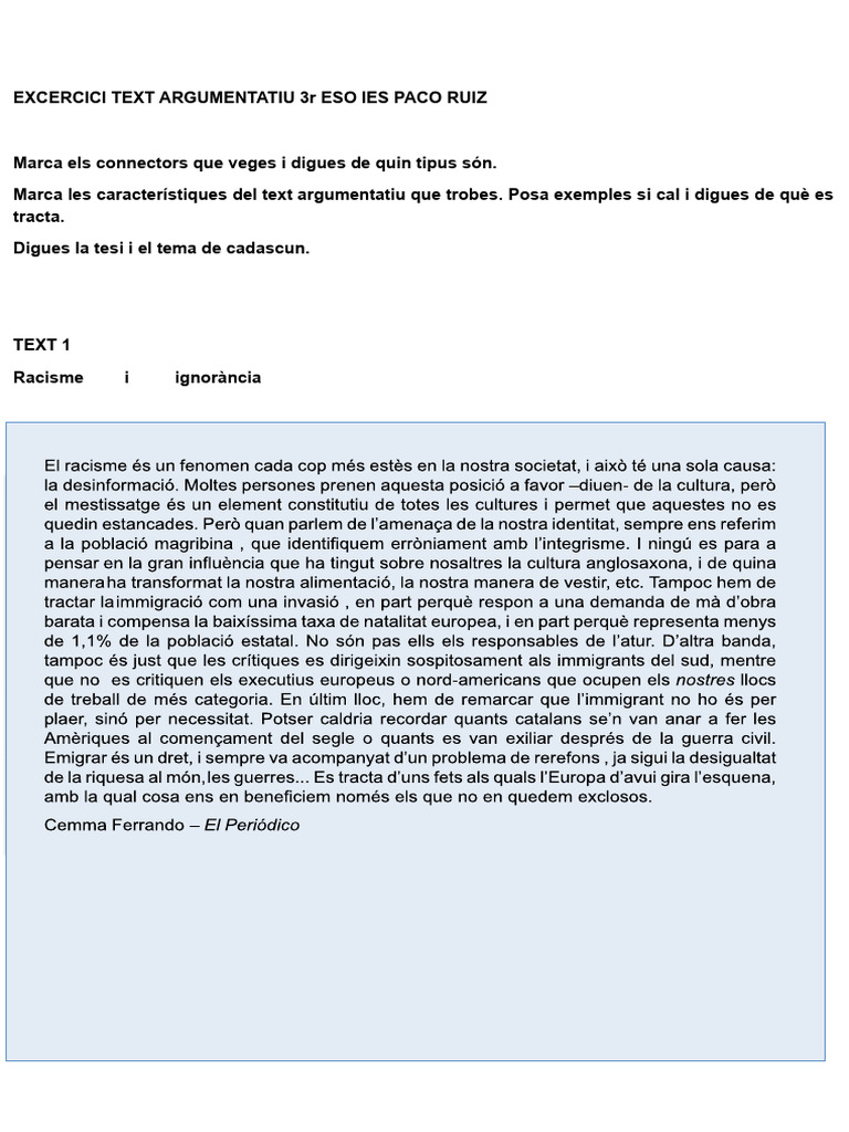 Excercici Text Argumentatiu 3r Eso Ies Paco Ruiz | PDF