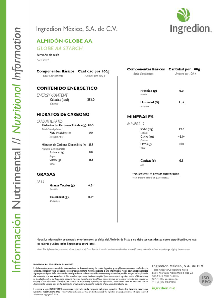 HN-Almidon Globe AA | PDF | Química | Nutrición