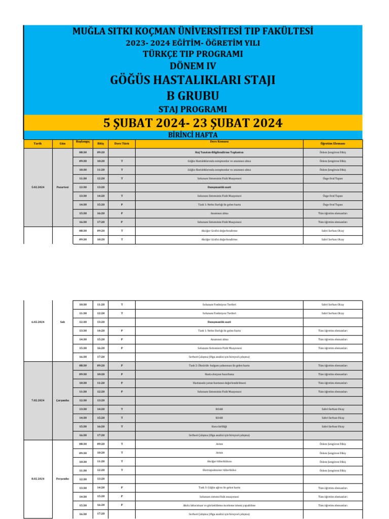 Göğüs Hastalıkları Staj Programı - B Grubu | PDF