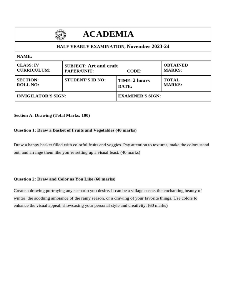 Art Question Paper For Class 4 | PDF