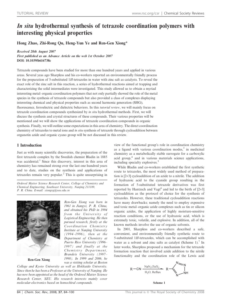 Hydrothermal Synthesis of Tetrazole Coordination Polymers With ...