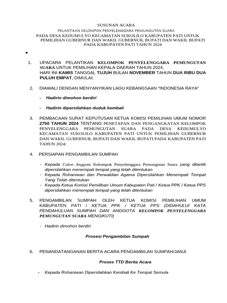 Susunan Acara Pelantikan KPPS Pilkada 2024 Fix | PDF