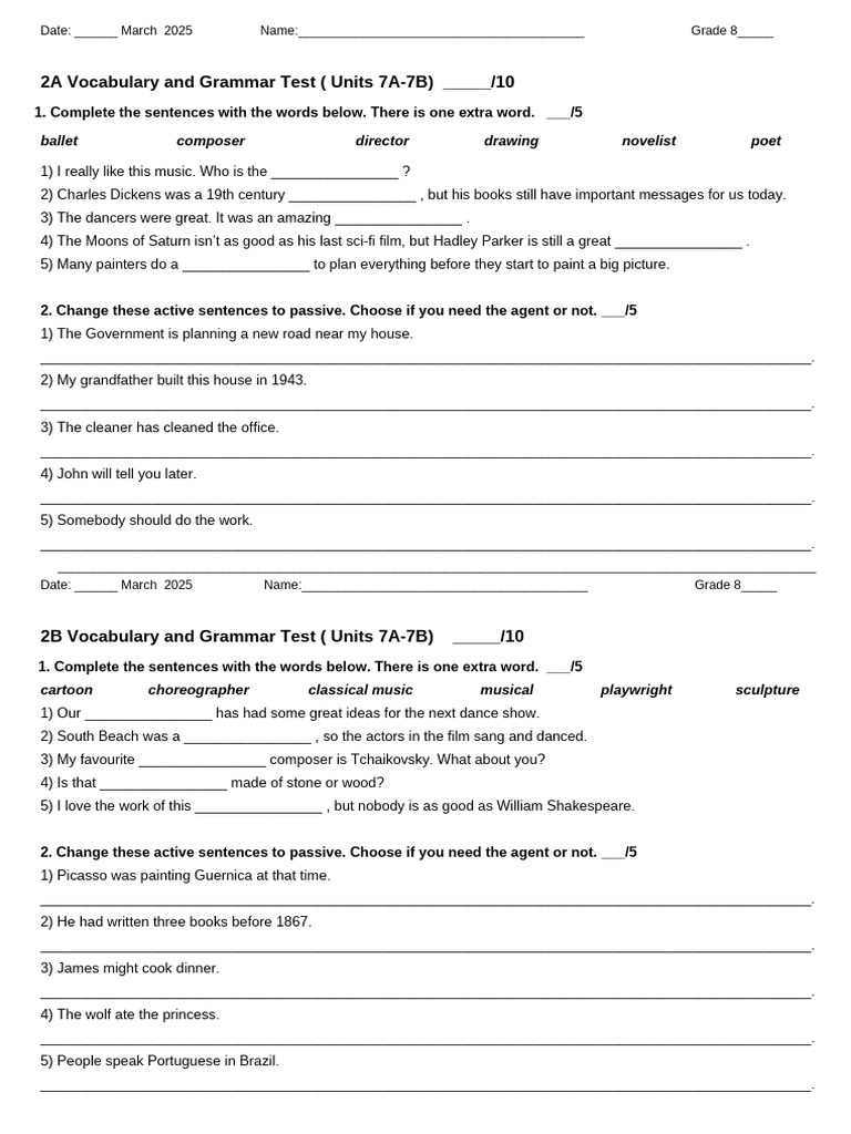 Grade 8 Vocabulary & Grammar Test | PDF | Performing Arts