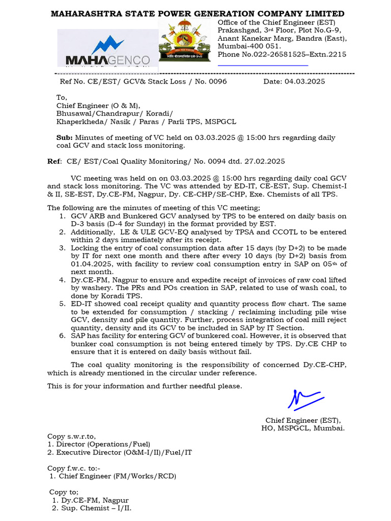 Ltr_MoM-VC-Coal GCV_04.03.2025 | PDF | Hydrocarbons | Coal