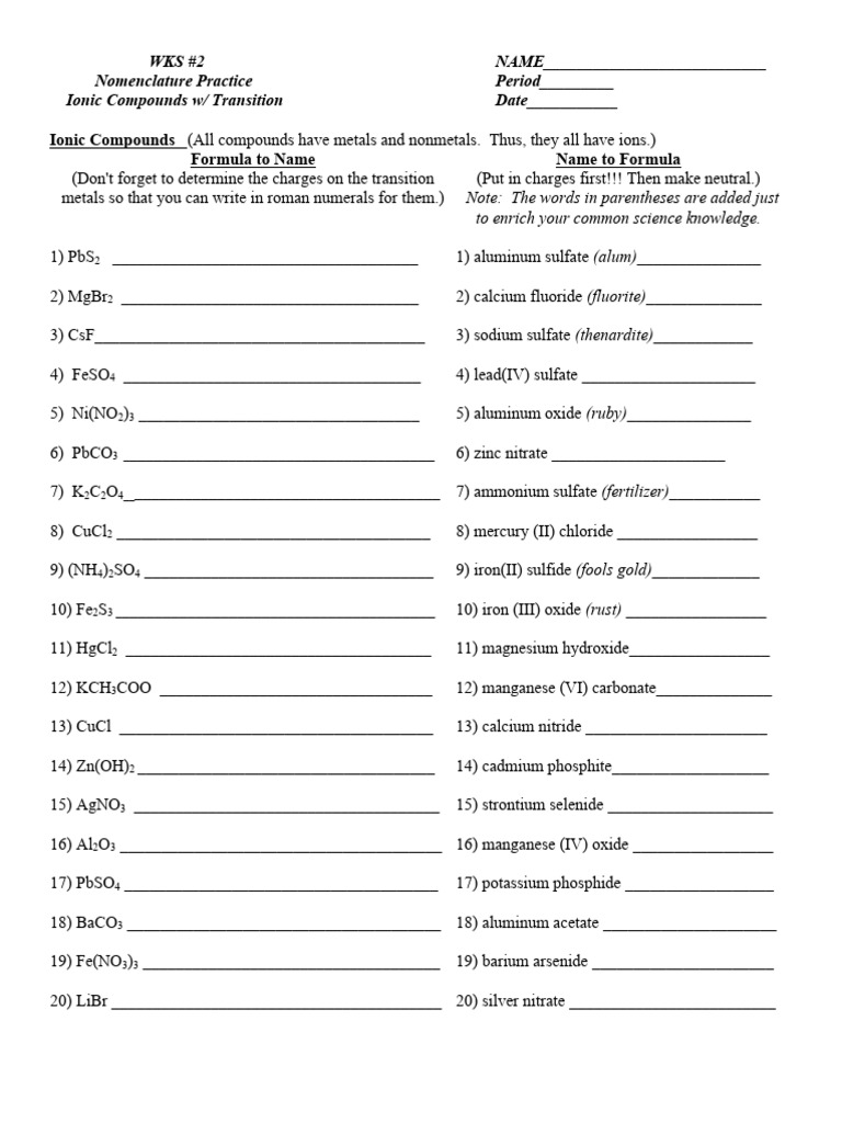 Day3 - WKS - Naming Ionic Compounds With Transition Metals | PDF ...