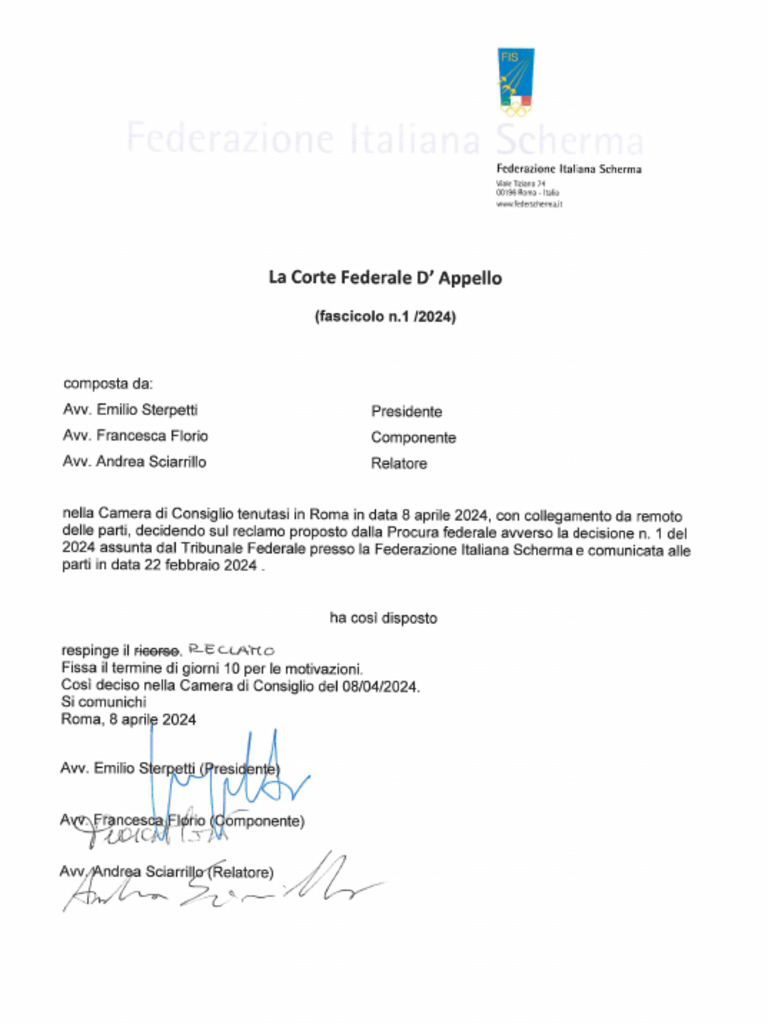 Dispositivo Fascicolo 1 2024 Corte Federale D Appello | PDF