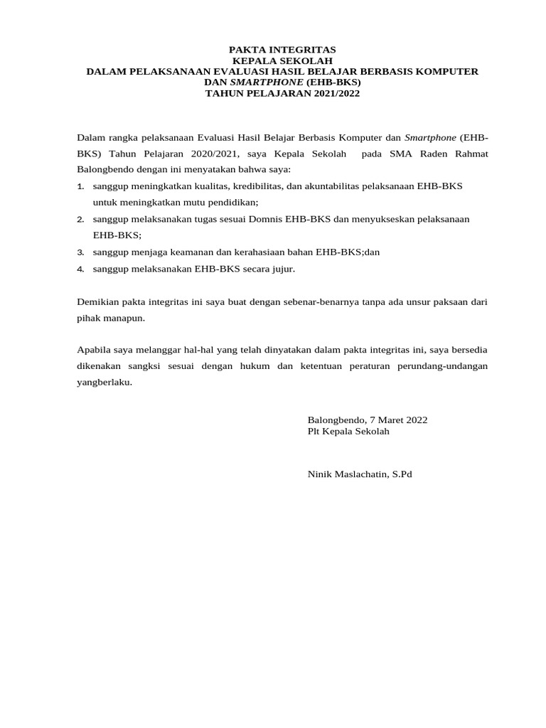 Pakta Integritas Ehb BKS 2022 | PDF
