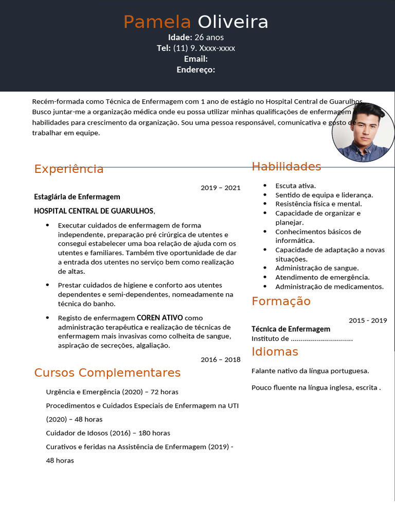Exemplo de Curriculo para Tecnico. Pamela de Enfermagem Recem Formado | PDF | Enfermagem | Remédio