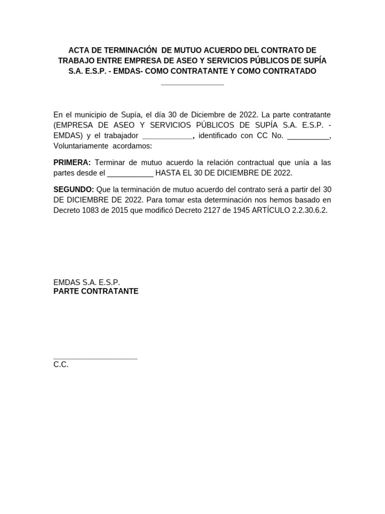 Modelo Acta de Terminación de Mutuo Acuerdo. Emdas | PDF