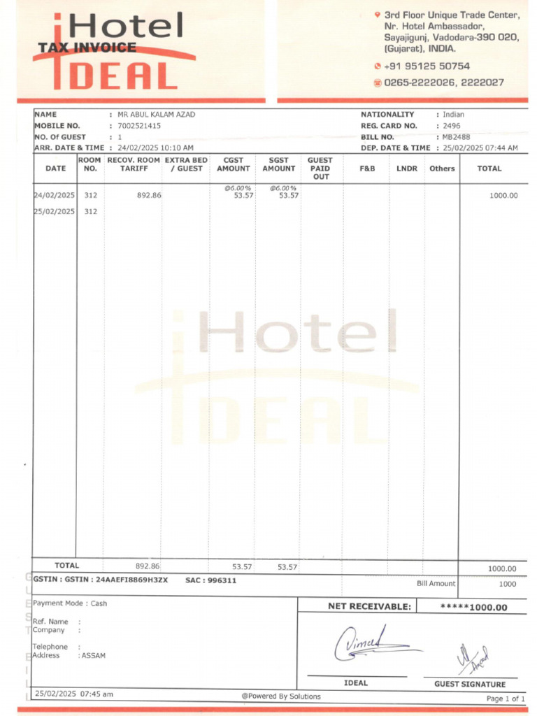 Hotel Bill Vadodara | PDF
