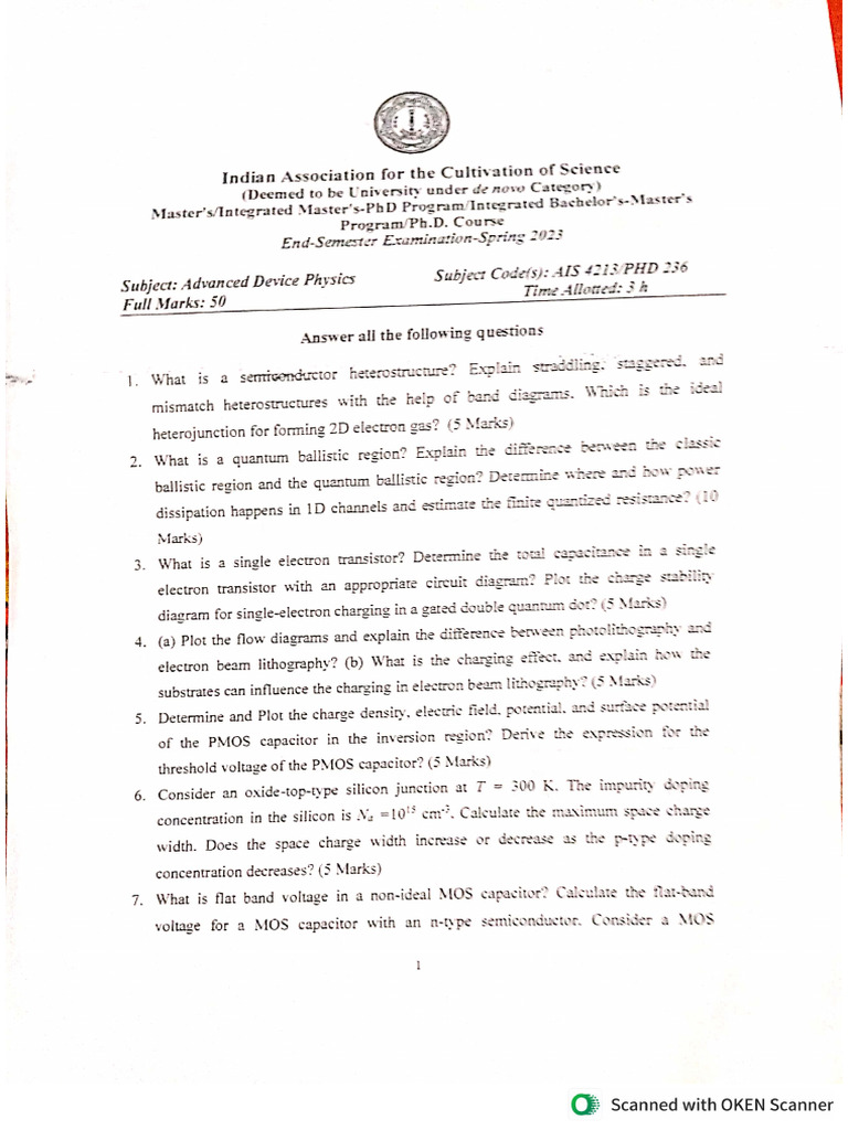 Adv Device Physics - End Sem | PDF