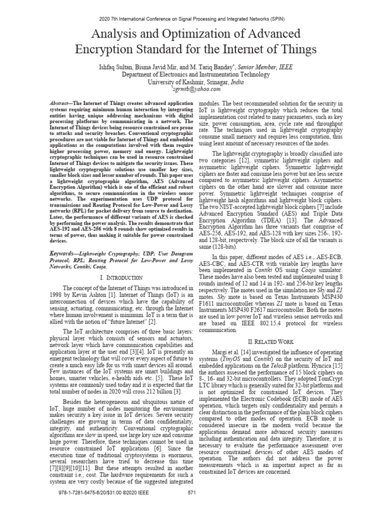Analysis and Optimization of Advanced Encryption Standard for the Internet of Things | PDF ...
