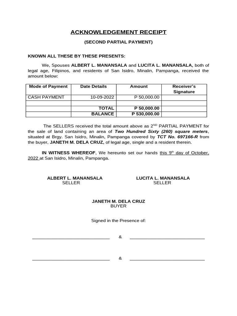 Acknowledgement Receipt (Partial Payment) | PDF