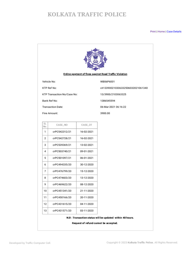 Kolkata Traffic Police Case Details | PDF