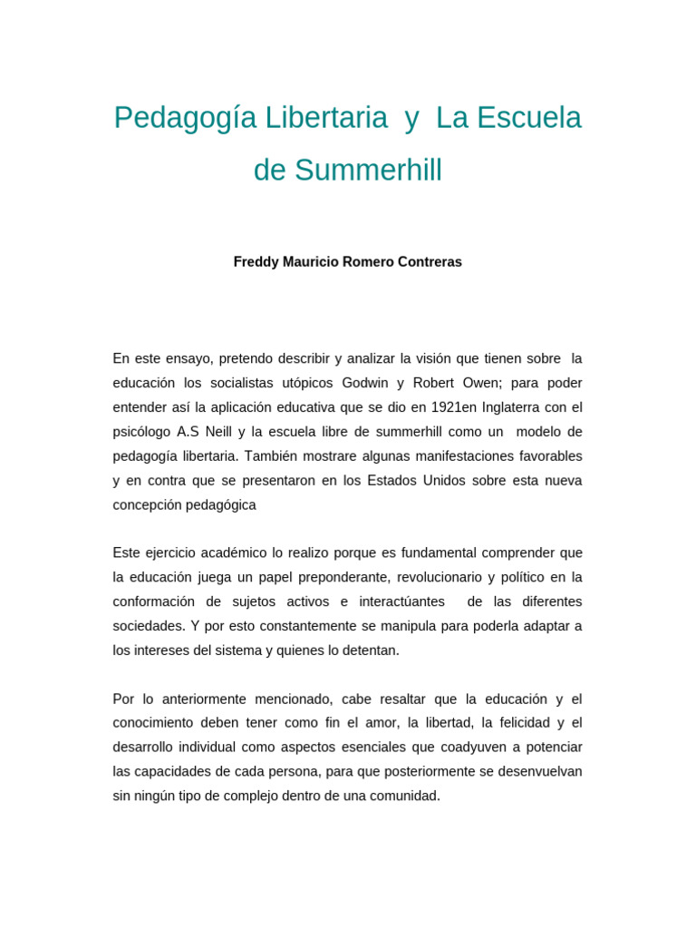 Pedagogía Libertaria y La Escuela de Sumerhill Maurici | PDF | Emile, o ...
