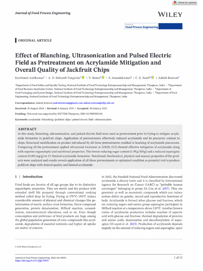 Effect of Blanching, Ultrasonication and Pulsed Electric Field as Pretreatment on Acrylamide ...