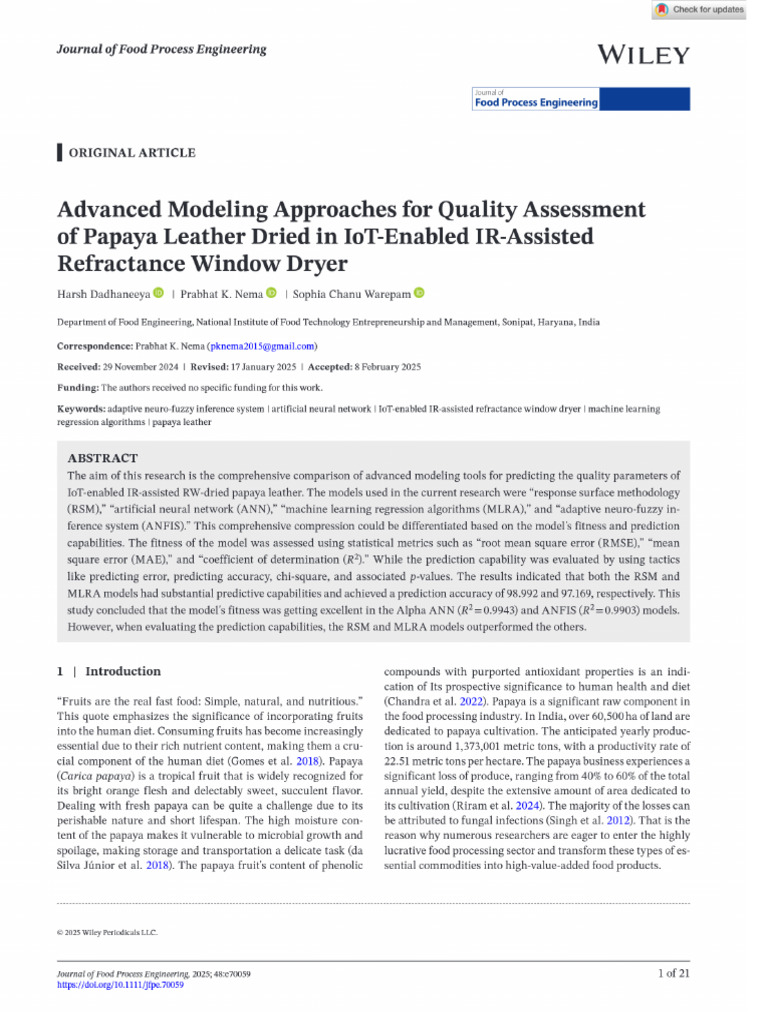 Advanced Modeling Approaches for Quality Assessment of Papaya Leather ...