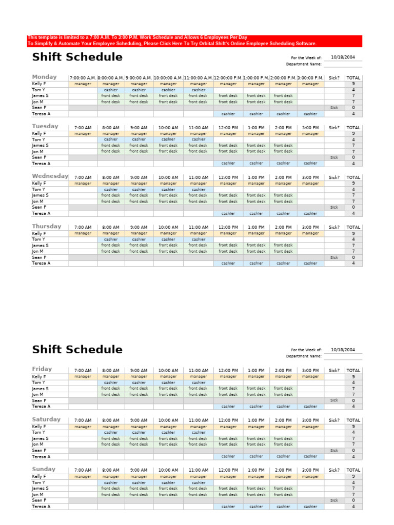 Weekly Employee Work Schedule Template | PDF