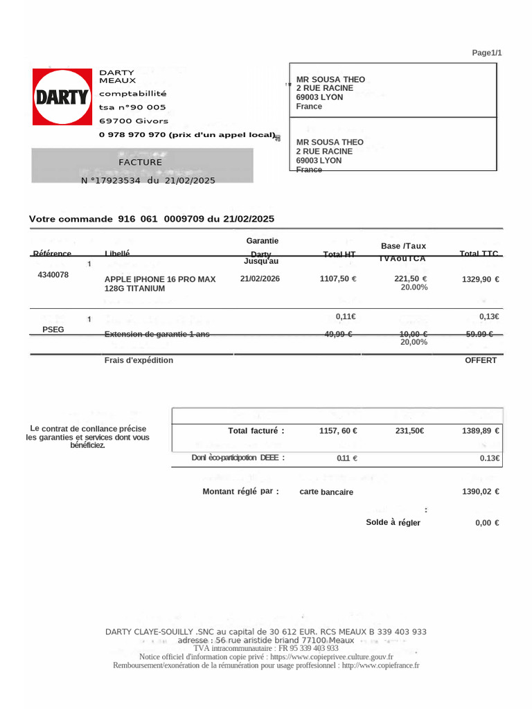 Facture Darty pour iPhone 16 Pro Max | PDF | Sodles | Paiements
