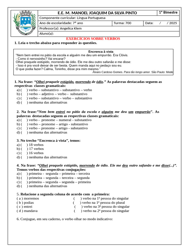 EXERCICIOS SOBRE VERBOS | PDF | Pronome | Classe gramatical