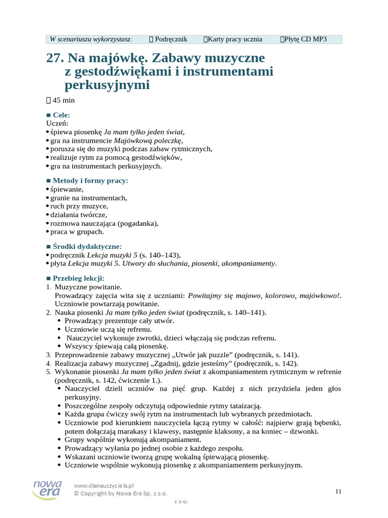 Scenariusz 27 Na Majowke Zabawy Muzyczne Z Gestodzwiekami I Instrumentami Perkusyjnymi | PDF