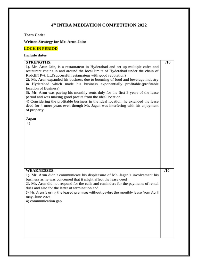 Mediation Strategy Format (Arun) | PDF | Lease | Civil Law (Common Law)