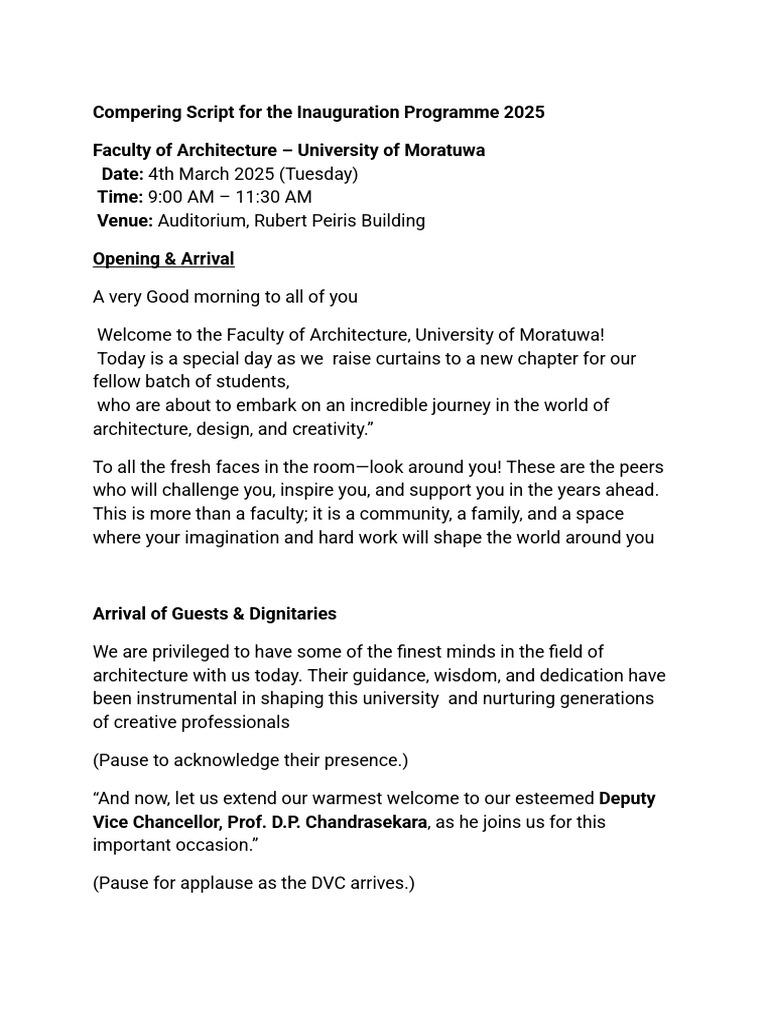 Compering Script For The Inauguration Programme 2025 | PDF
