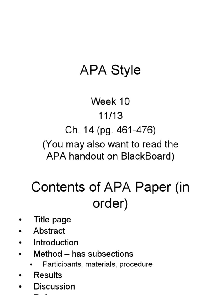Apa Style: Week 10 11/13 Ch. 14 (Pg. 461-476) (You May Also Want To ...