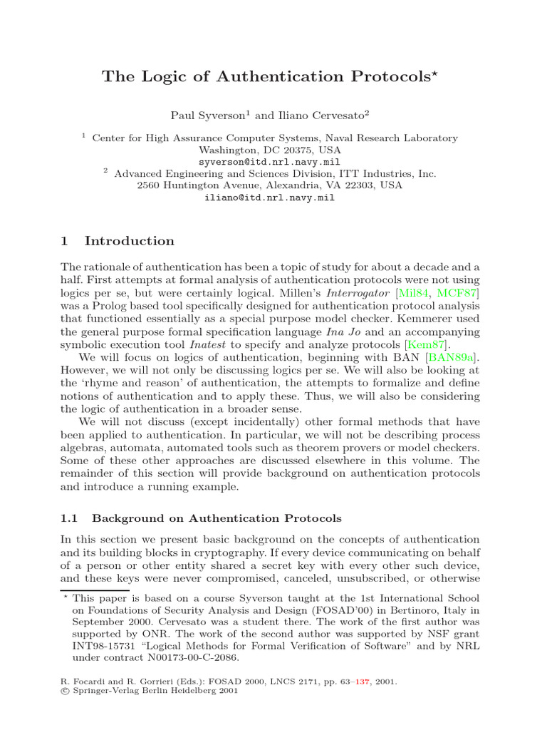The Logic of Authentication Protocols: Syverson@itd - Nrl.navy - Mil | PDF | Key (Cryptography ...