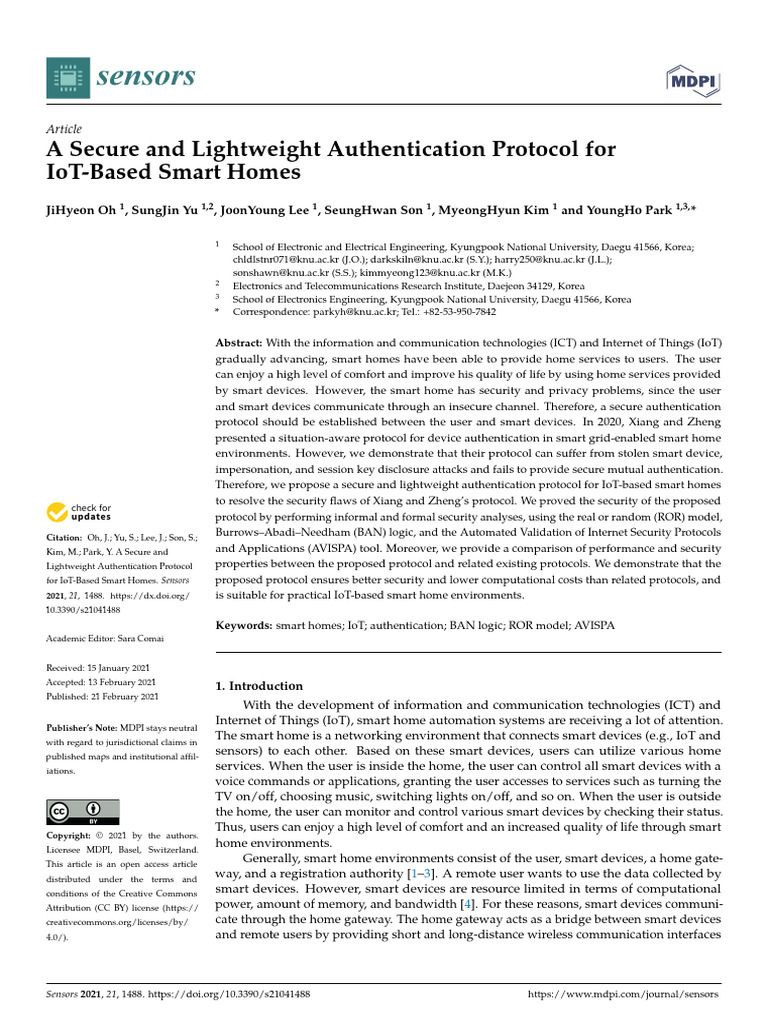 4 - A Secure and Lightweight Authentication Protocol For IoT-Based Smart Homes | PDF | Home ...