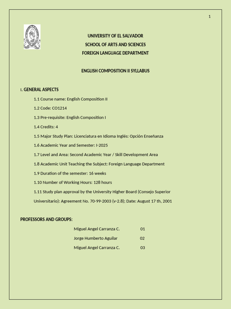 ENGLISH COMPOSITION II SYLLABUS SEMESTER I-2025 | PDF | Essays | Cognition ENGLISH COMPOSITION II SYLLABUS SEMESTER I-2025 | PDF | Essays | Cognition