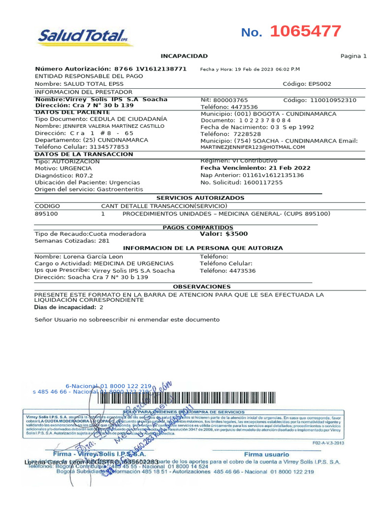 Autorización de Incapacidad Salud Total | PDF