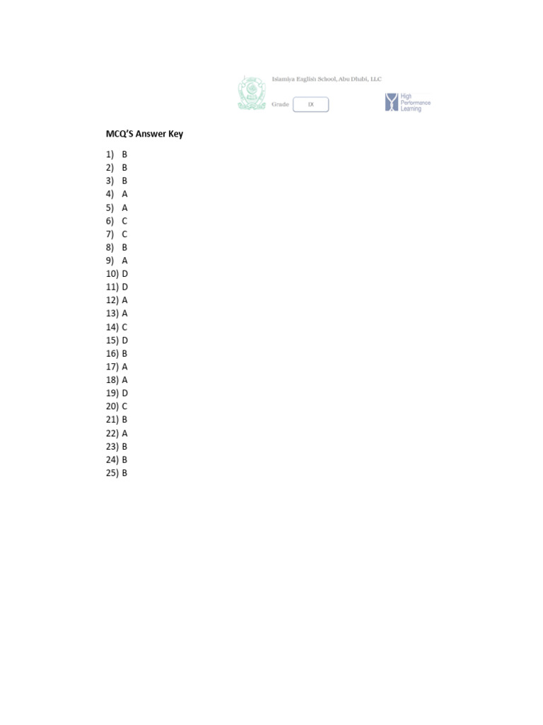 G9 Physics MCQ - Revision Sheet Answers | PDF