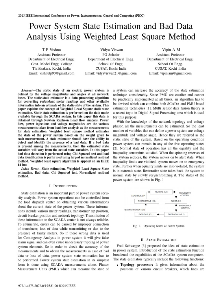 Power System State Estimation and Bad Data Analysis Using Weighted ...