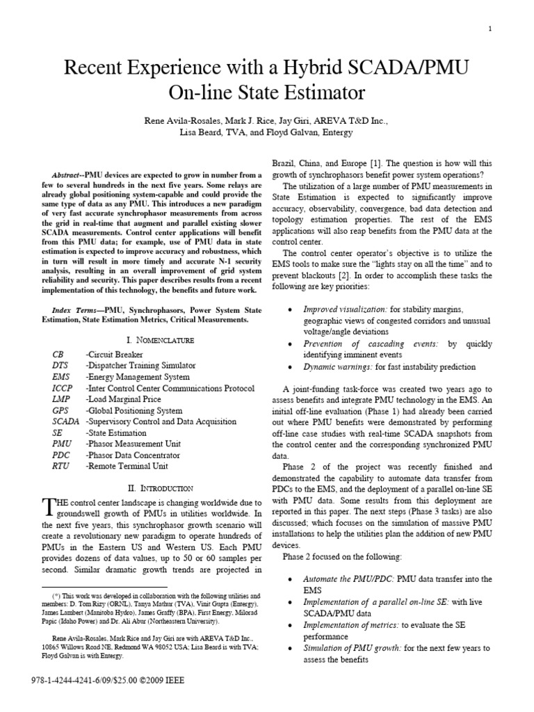 Recent Experience With a Hybrid SCADA PMU on-line State Estimator | PDF | Errors And Residuals ...