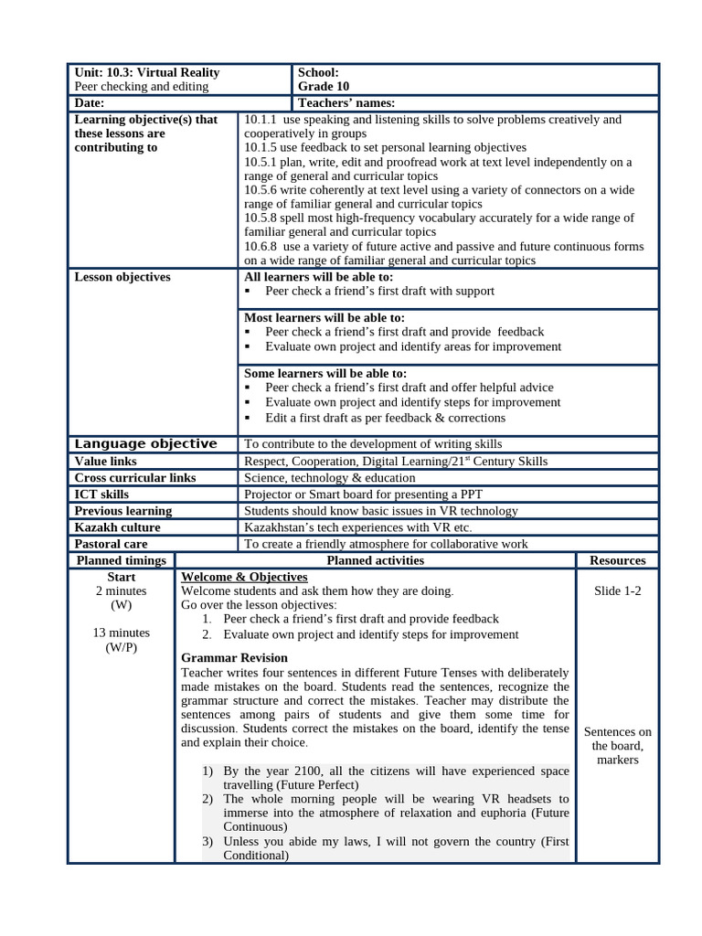 English Grade 10 Unit 3 Virtual Reality - Lesson Plan | PDF | Learning ...