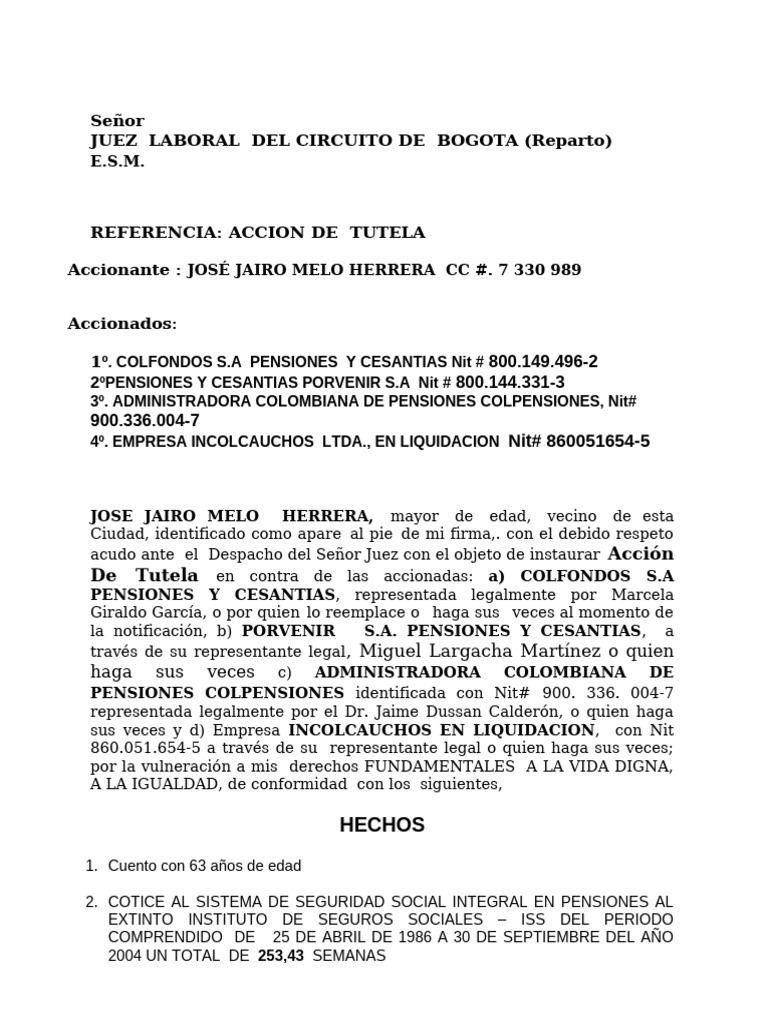 Jairo Melo Tutela Final | PDF | Pensión | Caso de ley