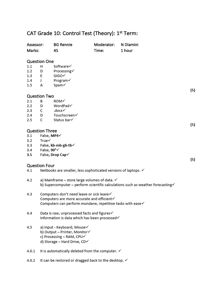 Grade 10 CAT Theory Exam Term 1 | PDF