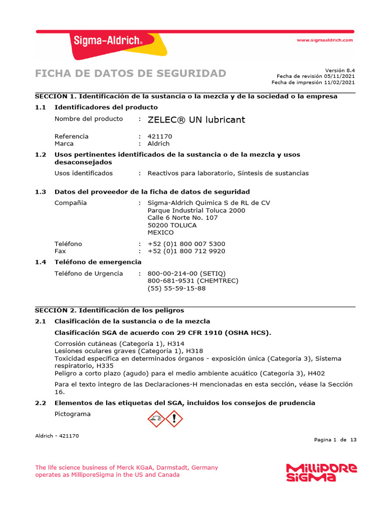 Ficha de Datos de Seguridad: ZELEC® UN Lubricant | PDF | Agua | Toxicología