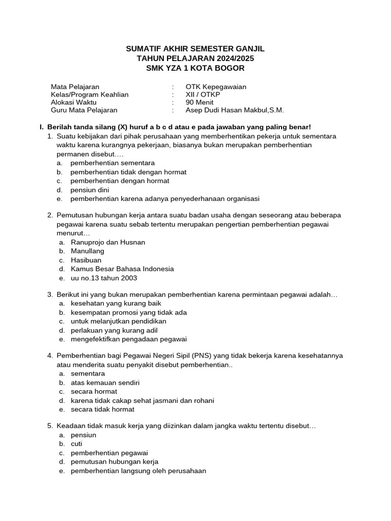 Soal Sas Otk Kepegawaian Kelas Xii | PDF