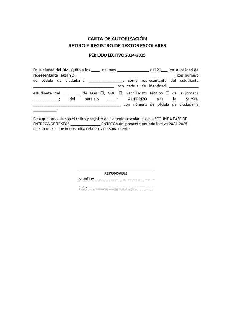 CARTA DE AUTORIZACIÓN Retiro de Textos | PDF