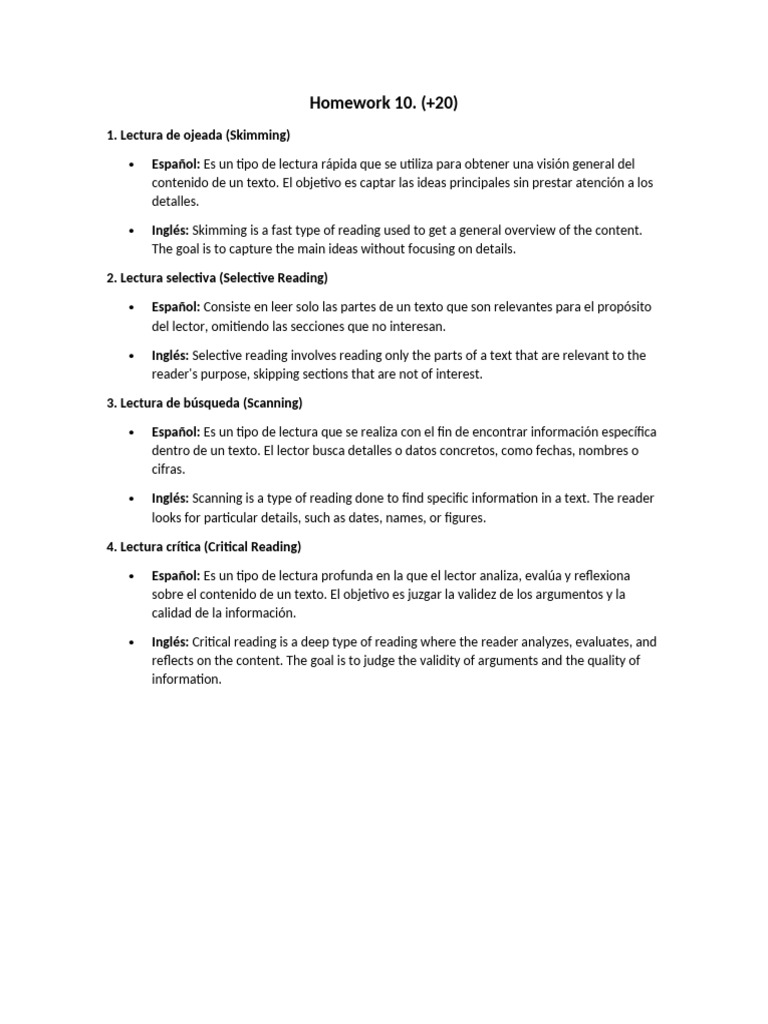 Técnicas de Lectura para Homework 10 | PDF