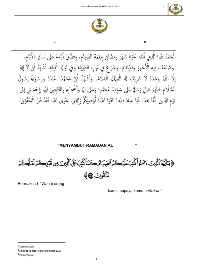 Khutbah Jumaat 28 Februari 2025 Menyambut Ramadan Al-Mubarak (RUMI) | PDF
