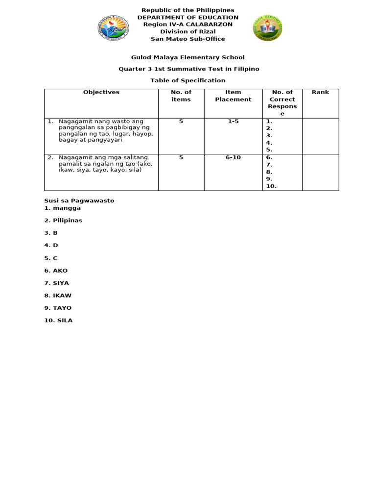 Q3 Filipino ST 1 | PDF