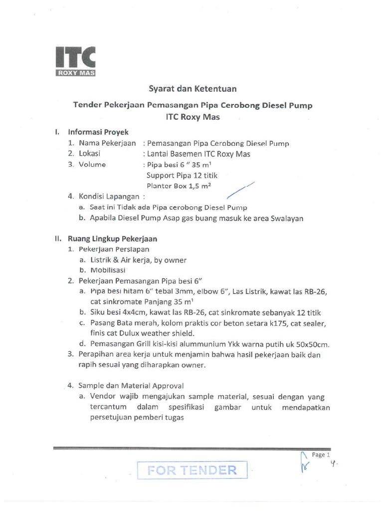 TOR & BQ Pemasangan Pipa Cerobong Diesel Pump ITC Roxy Mas | PDF