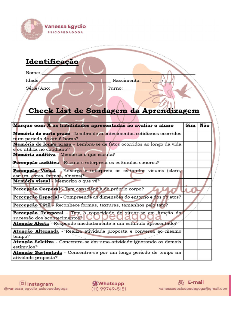 Check List Sondagem Da Aprendizagem | PDF | Pensamento | Memória